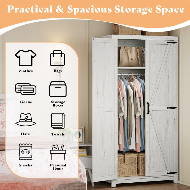 71 Farmhouse Armoire Wardrobe Closet Storage Cabinet With Shelf Hanging Rod Versatile Clothing Storage For Bedroom Living Room Bathroom White